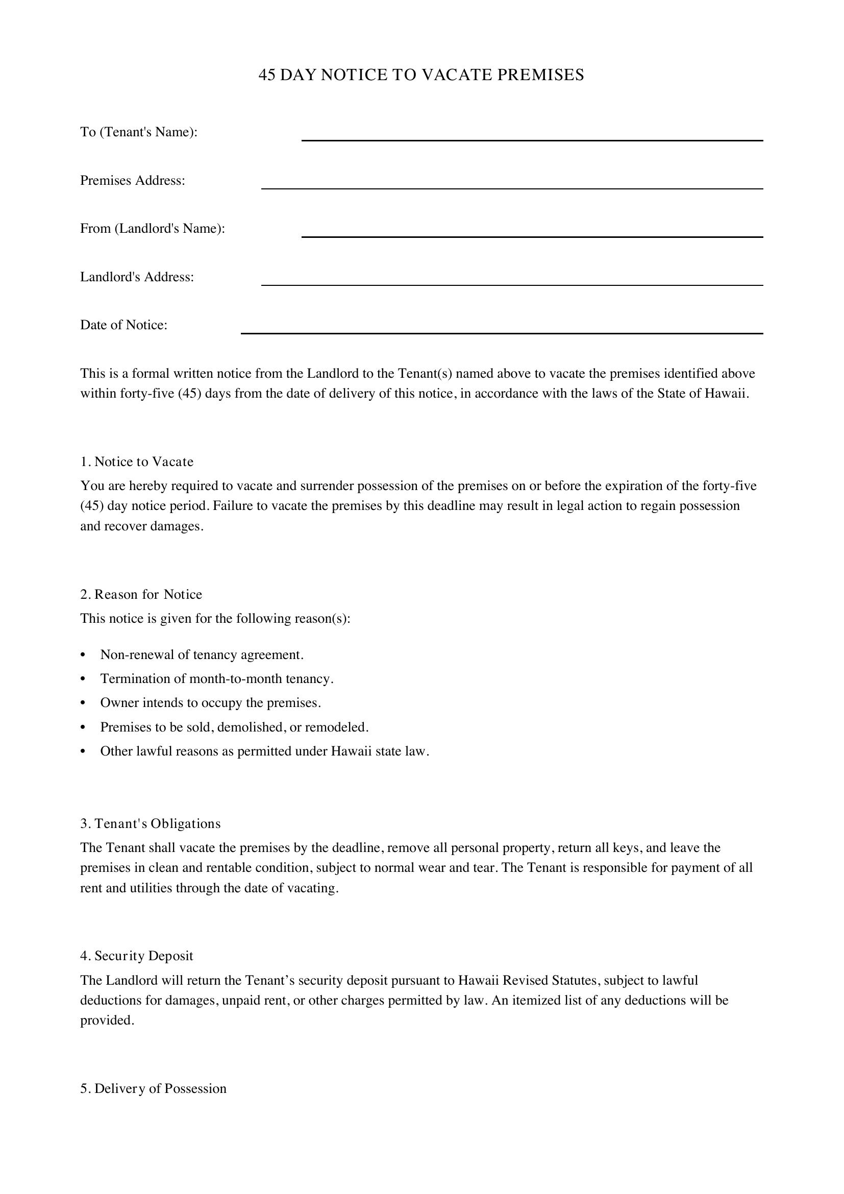 45 Day Notice To Vacate Hawaii Template